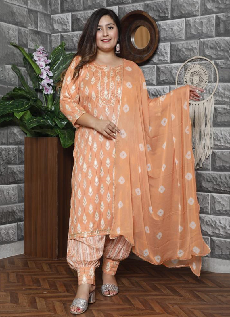 Set Of 48 50 52 54 Sizes Peach Hand Work Cotton Big Size Afghani Salwar Suit Catalog